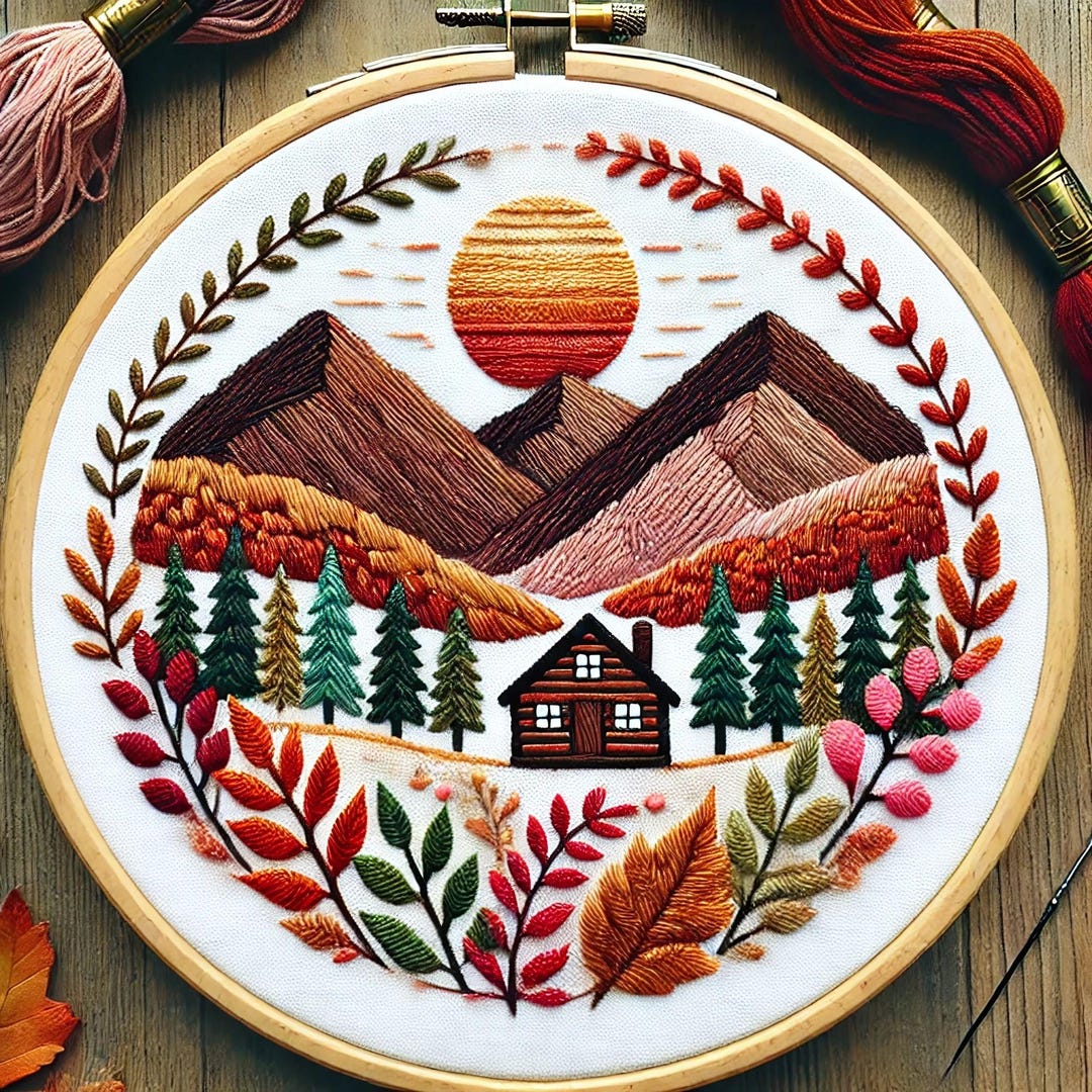 Scenic Mountain Embroidery Pattern, Cozy Autumn Landscape With Cabin ...