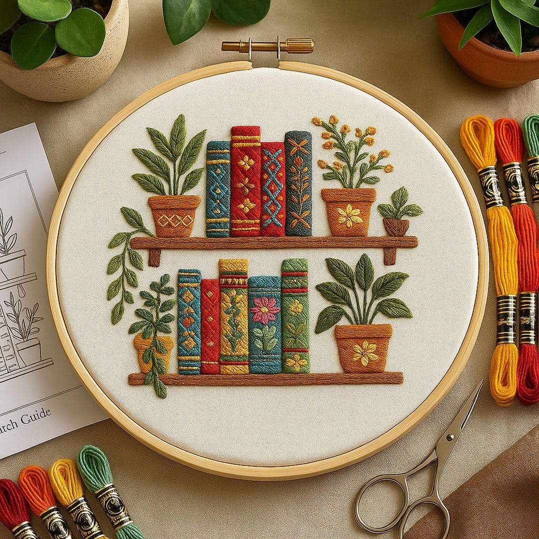 Bookshelf Hand Embroidery Pattern: Cozy Plants & Books Hoop Art (PDF ...