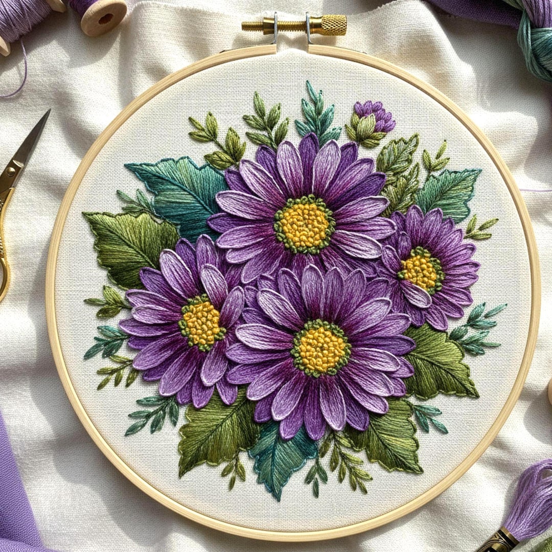 Purple Floral Embroidery Pattern, Modern Flower Hoop Design, Printable ...