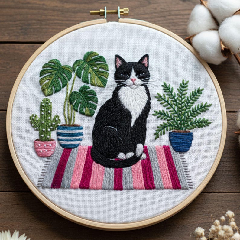 Cat Embroidery Pattern • Modern Botanical Hoop Art (PDF Pattern) - Etsy