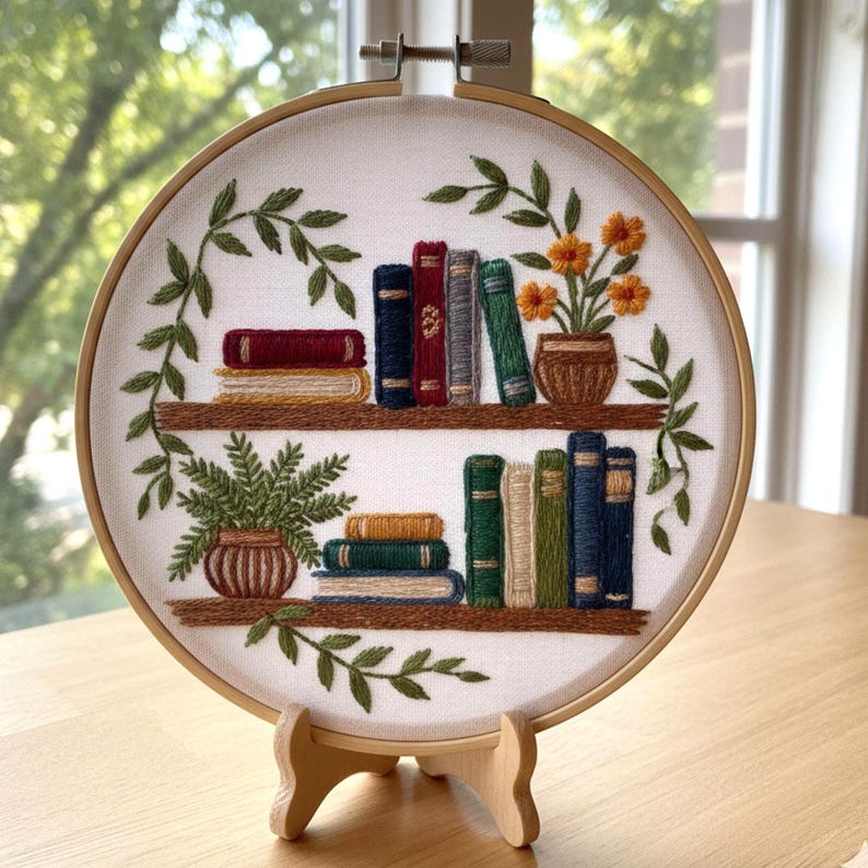 Bookshelf Embroidery Pattern | Cozy Book Lover PDF | Modern Hand ...