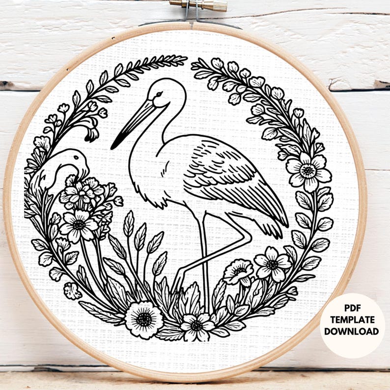 Elegant Stork Embroidery Pattern With Wildflowers,stork Hand Embroidery ...