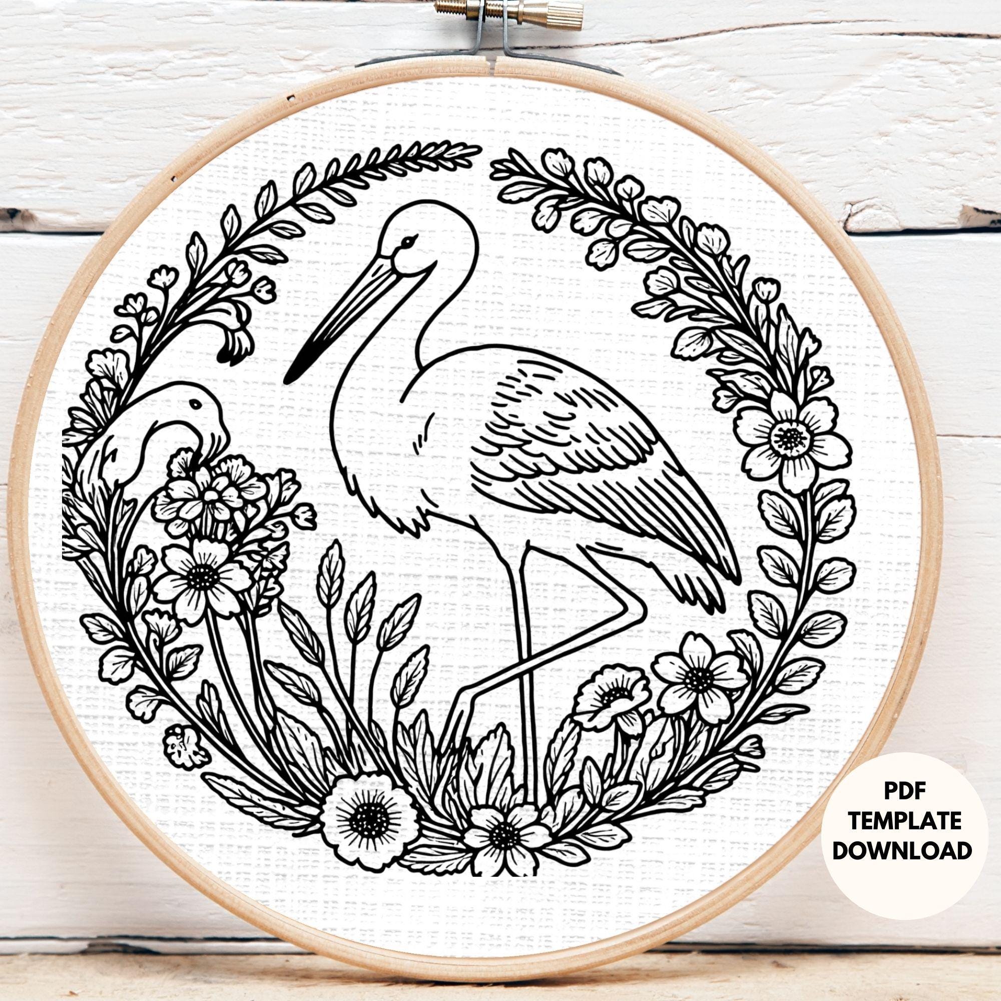 Elegant Stork Embroidery Pattern With Wildflowers,stork Hand Embroidery ...