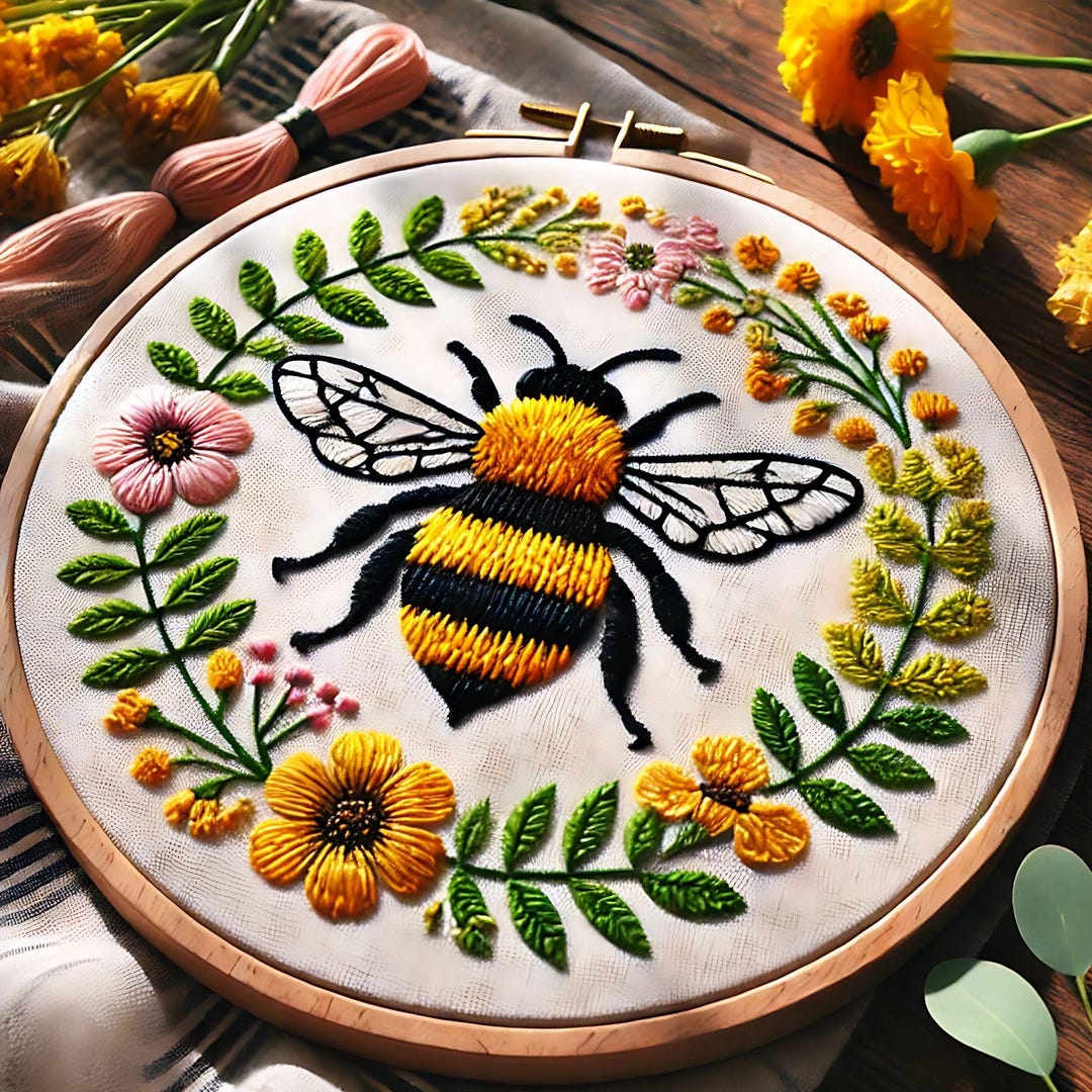 Vibrant Bee Embroidery Pattern Pdf With Floral Wreath, Bumble Bee ...