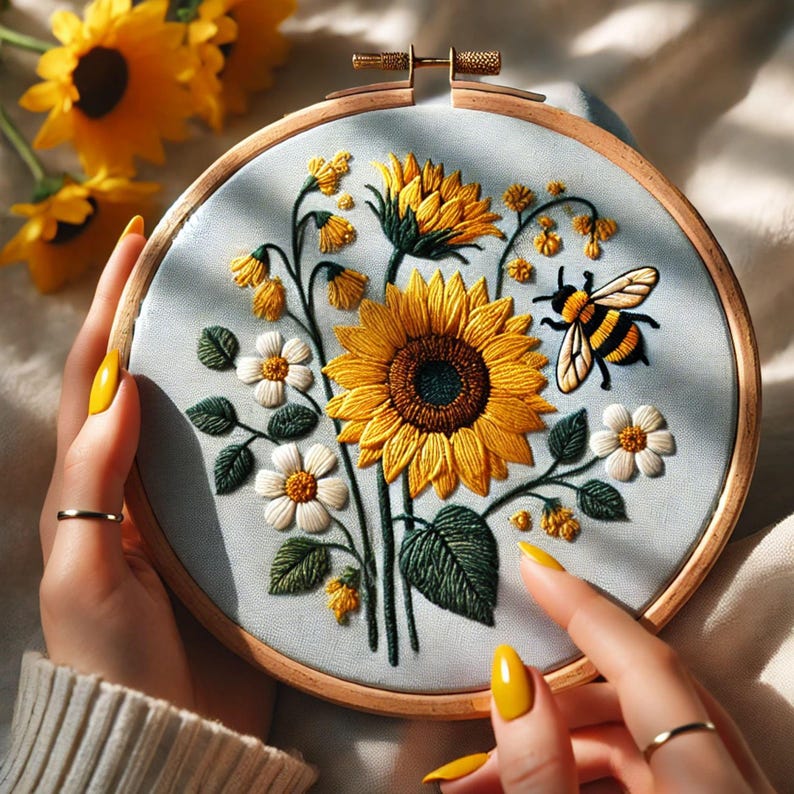 Elegant Sunflower & Daisy Embroidery Hoop Art, Showcasing Artistic Detail and Craftsmanship ...