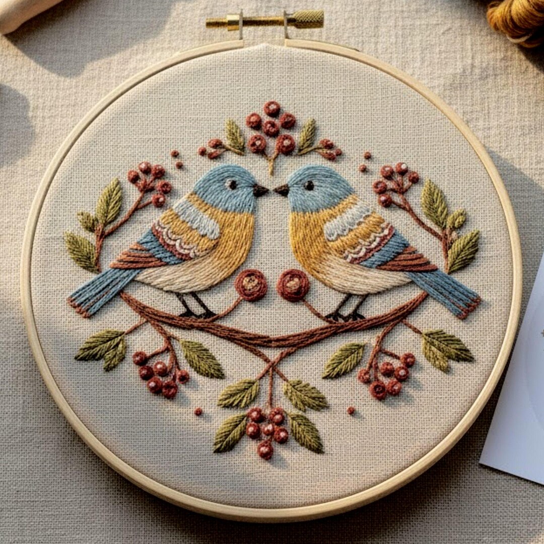 Folk Birds Hand Embroidery Pattern – Beginner Nature Hoop With Berries ...