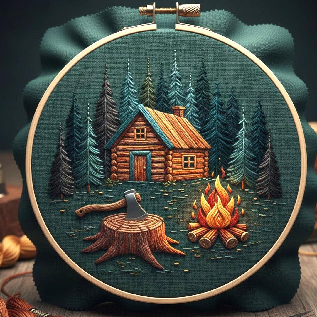 Rustic Forest Cabin Embroidery Pattern – Campfire Woodland Hoop Art ...