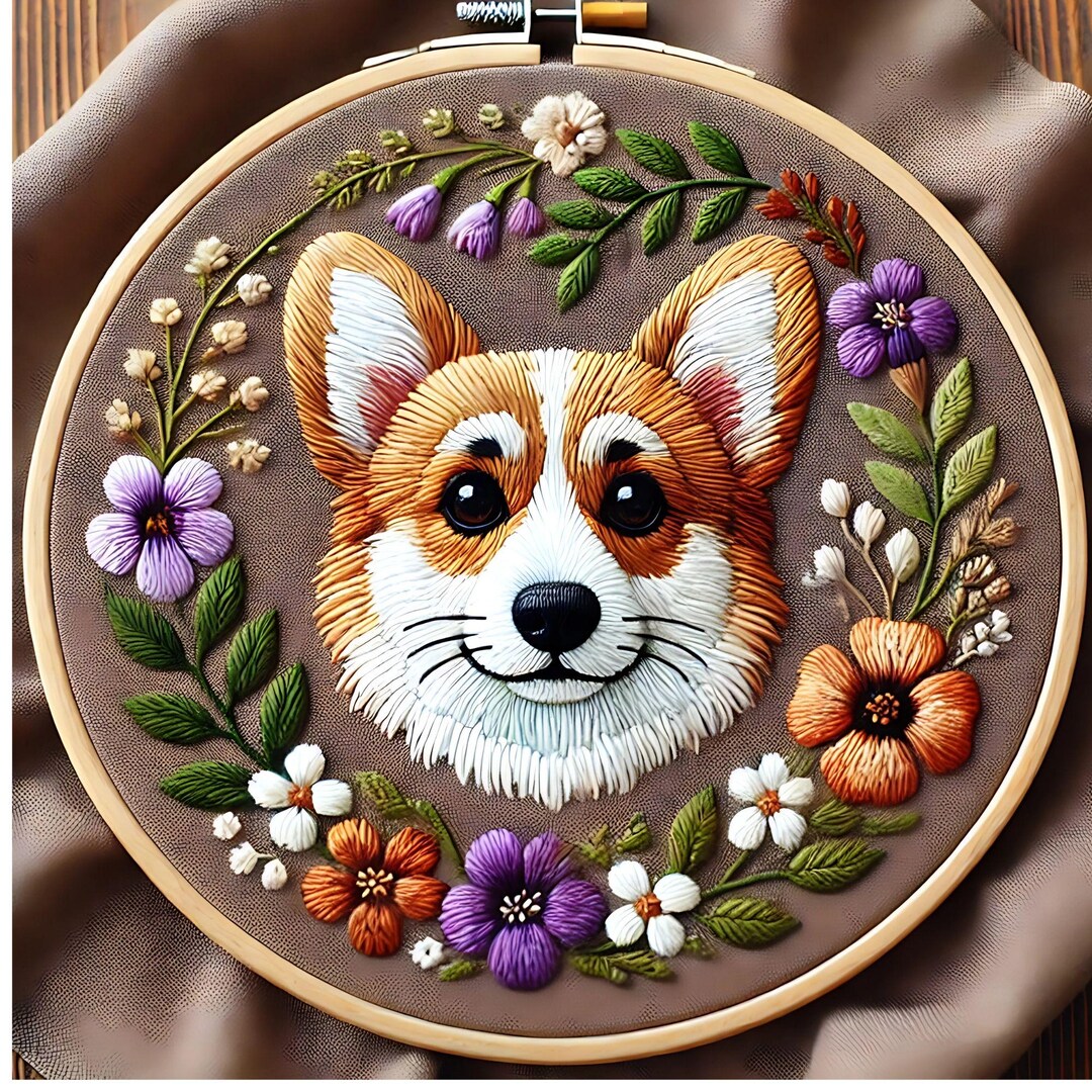 Charming Corgi Embroidery Pattern on Brown Fabric, Playful Animal ...