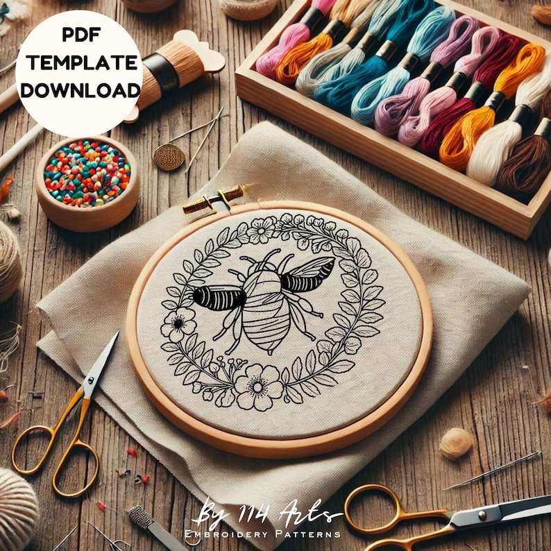 Vibrant Bee Embroidery Pattern Pdf With Floral Wreath, Bumble Bee Pattern, Insects Pattern, Bee ...