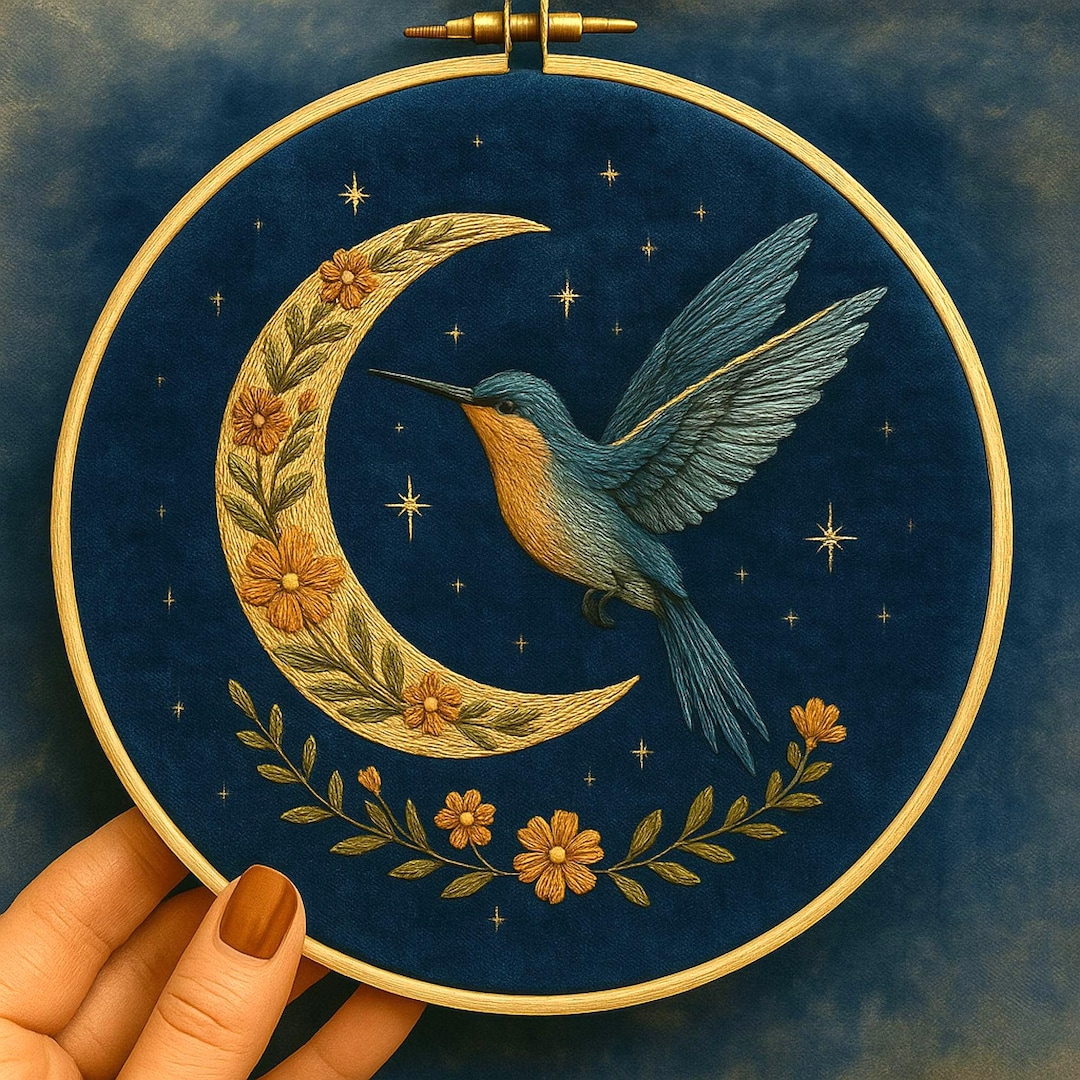 Hummingbird & Moon Hand Embroidery Pattern: Celestial Night Sky Hoop ...