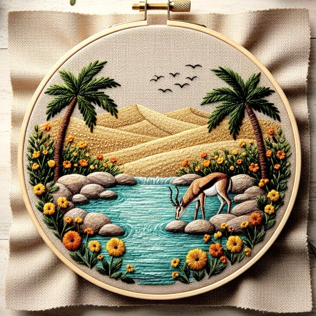 Desert Oasis Hand Embroidery Pattern With Gazelle – Nature Landscape ...