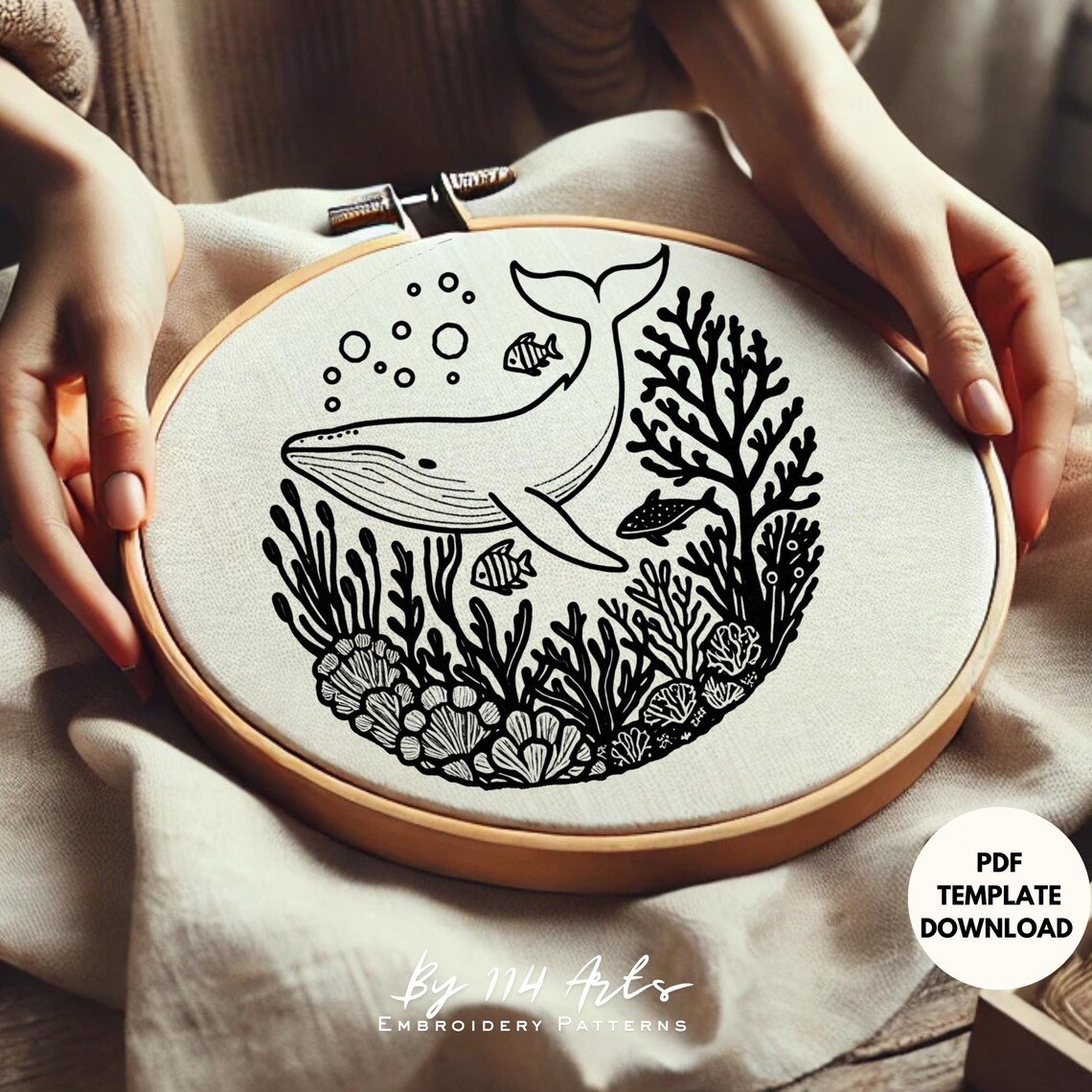 Whale Embroidery Pattern: Ocean Wildlife, Floral Design (PDF Pattern ...