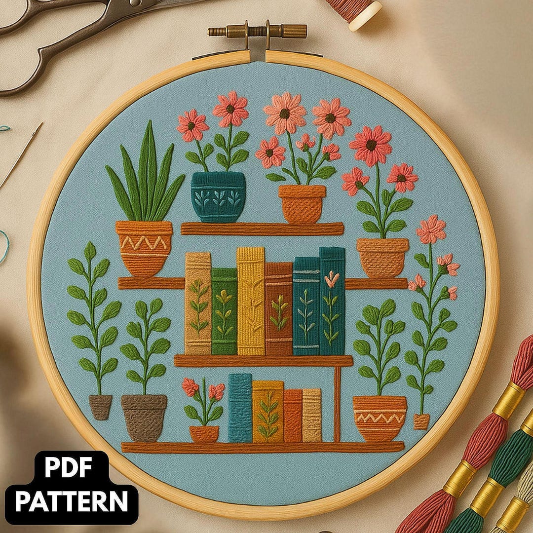 Floral Bookshelf Embroidery Kit: Modern Botanical Design (PDF Pattern ...