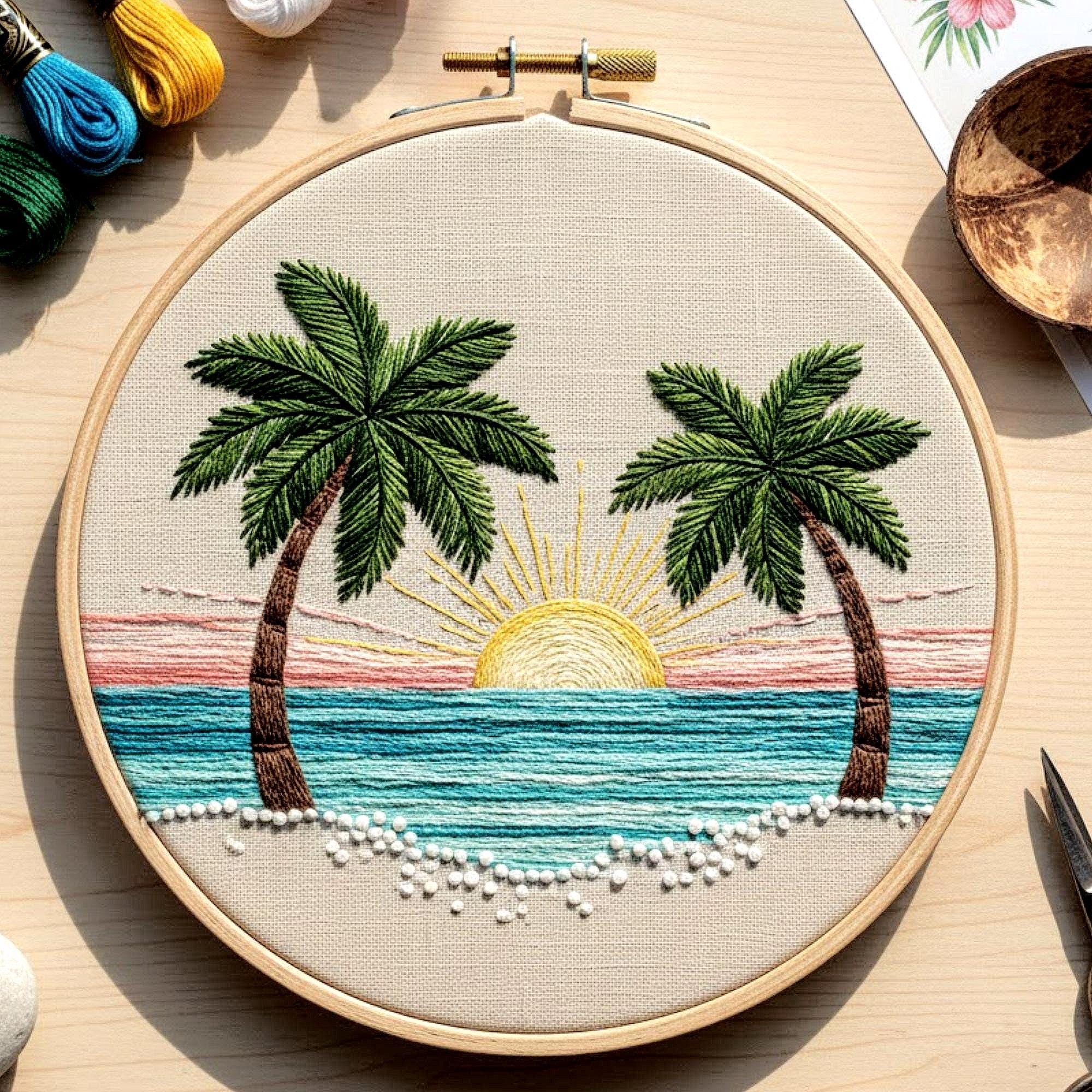 Tropical Sunset Palm Tree Hand Embroidery Pattern | Modern Beach Hoop ...