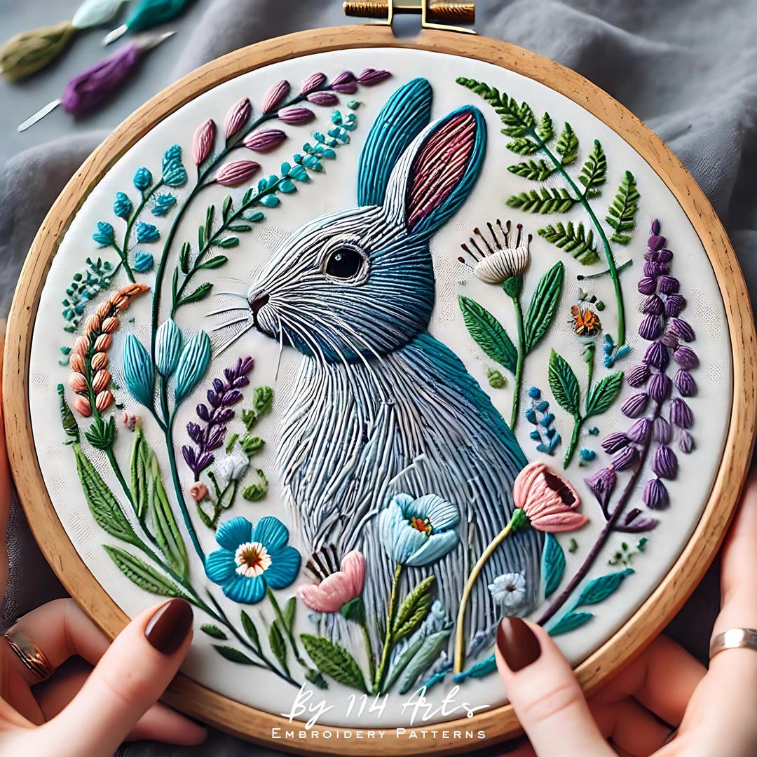 Rabbit Floral Embroidery Digital Pattern , Beginner-friendly Embroidery ...