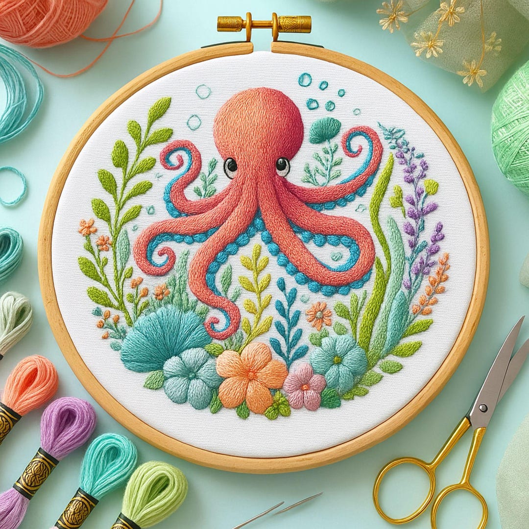 Octopus Floral Hand Embroidery Pattern | Modern Ocean Hoop Art ...