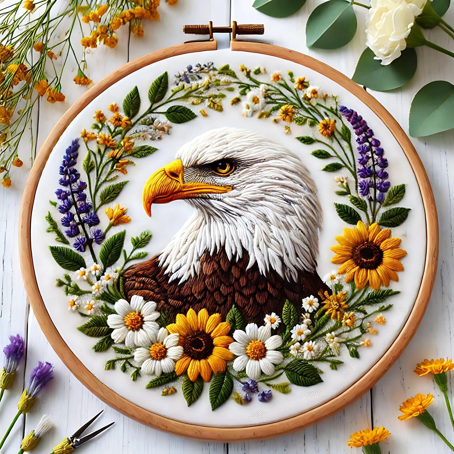 Majestic Bald Eagle Embroidery Pattern Pdf With Floral Wreath,wildlife ...