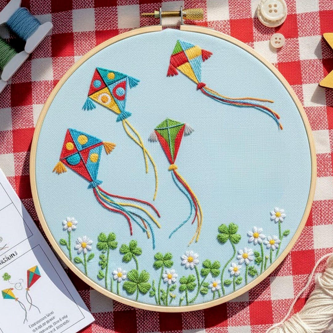 Flying Kites Embroidery Pattern – Playful Hand Embroidery Design for ...