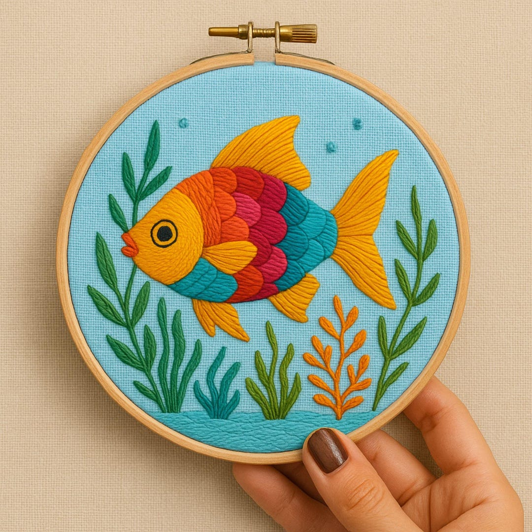 Colorful Fish Hand Embroidery Pattern – Summer Aquarium Design on Light ...