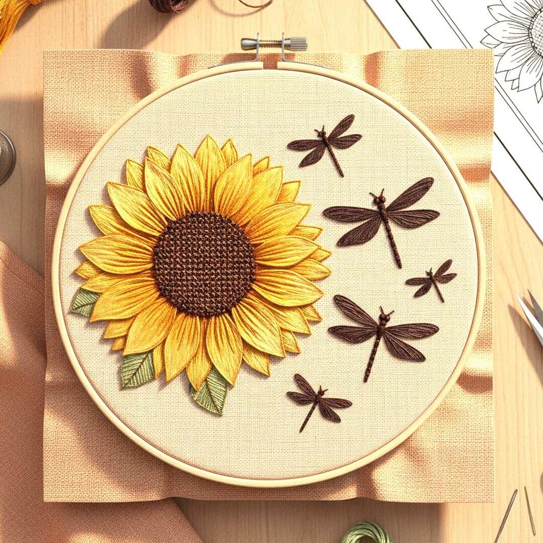 Sunflower and Dragonfly Hand Embroidery Pattern – Floral Nature Hoop ...