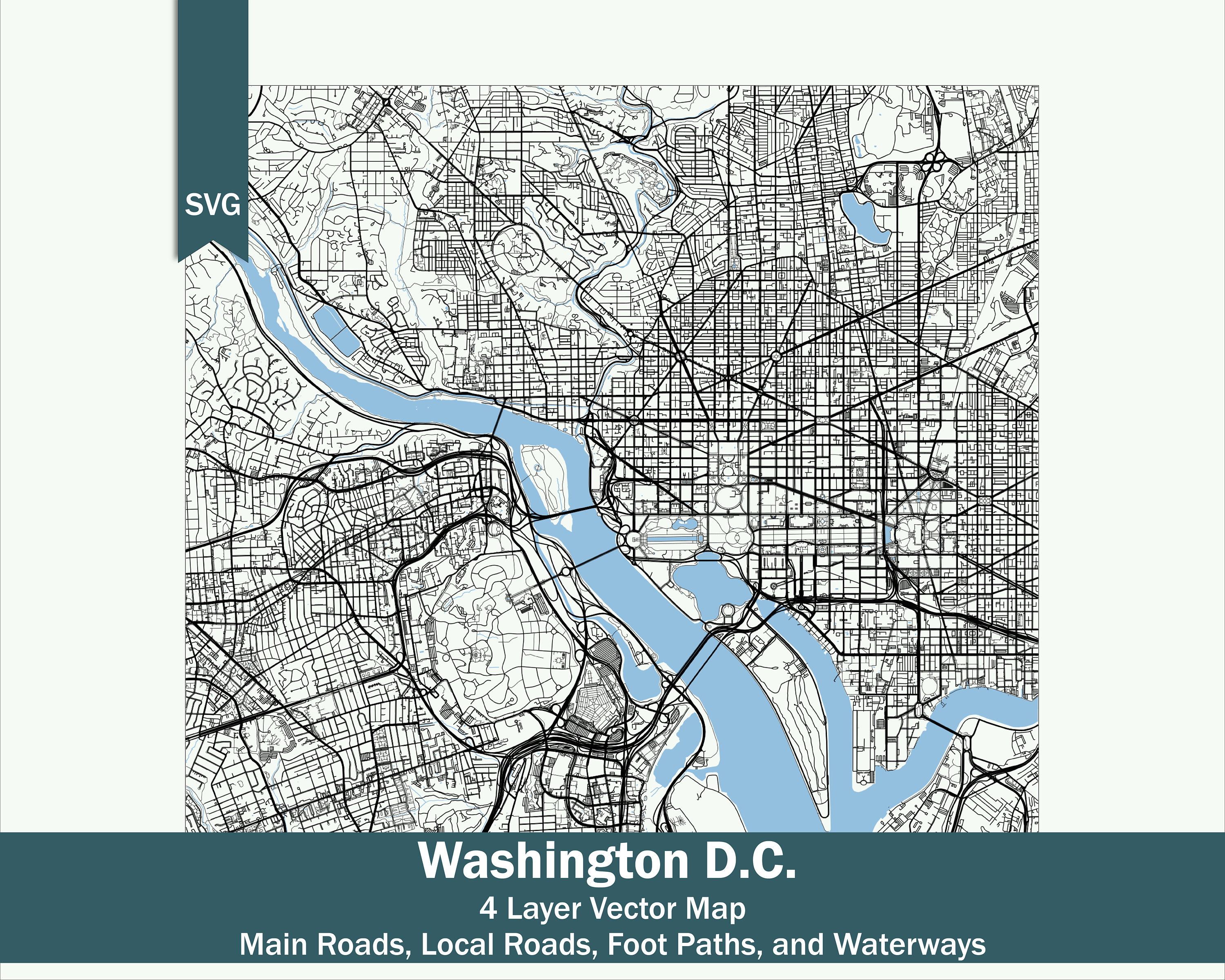 Washington DC Roads & Water SVG Multi-layer Map | Streets | Capital ...