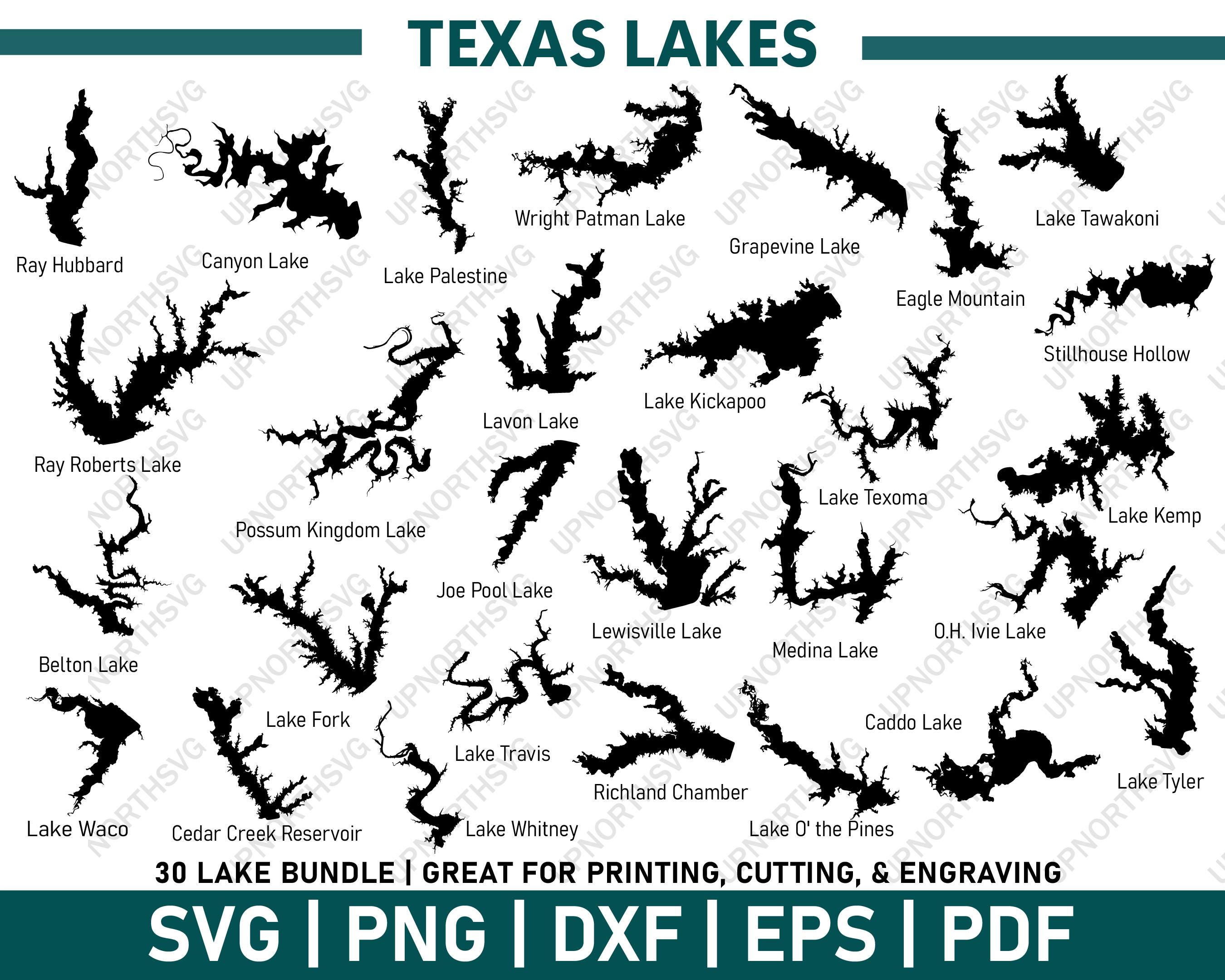 30 Texas Lake Silhouette Map Bundle SVG Vector Graphic File Shape ...