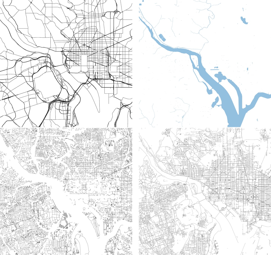 Washington DC Roads & Water SVG Multi-layer Map Streets Capital Vector ...