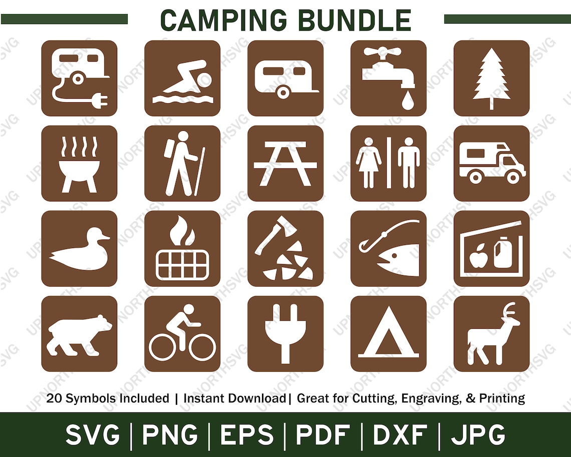 Camping Symbols Brown SVG Bundle, Tent, RV, Campfire, Grill, Airstream ...