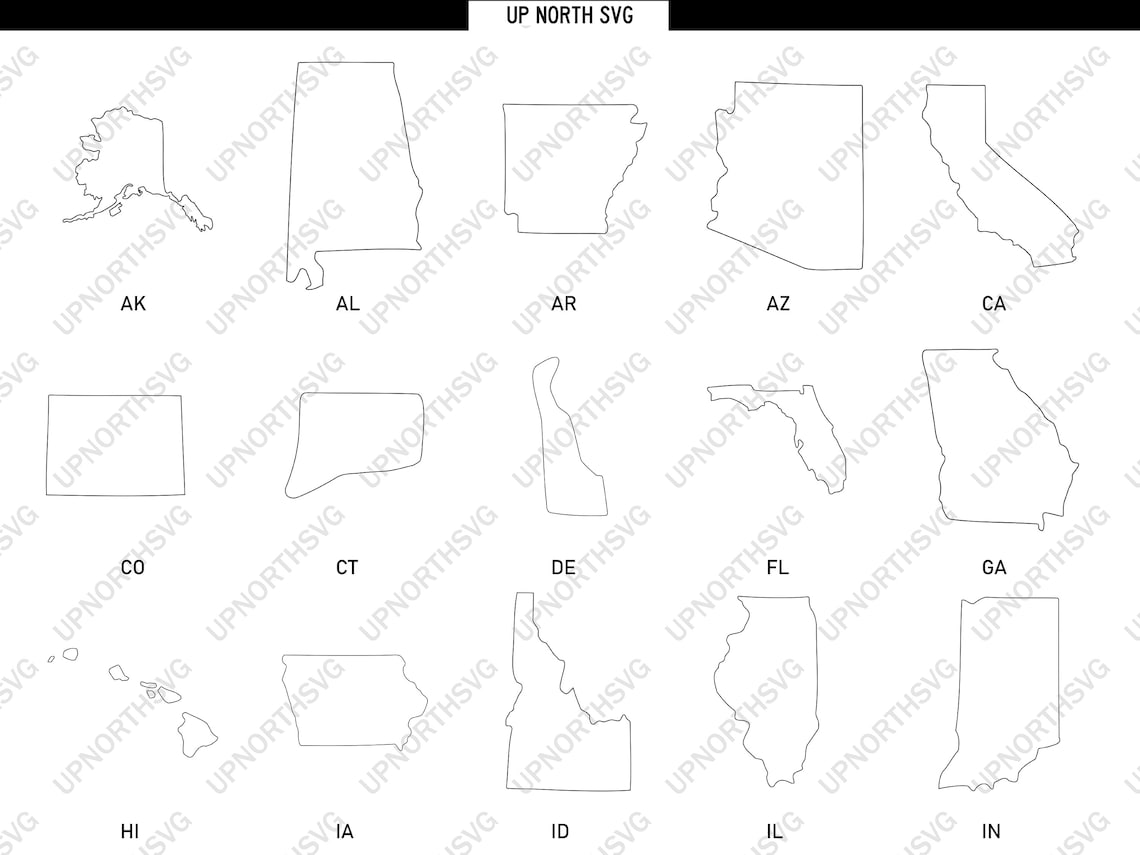 Simple State Outlines 50 Individual Shapes United States of America Map ...