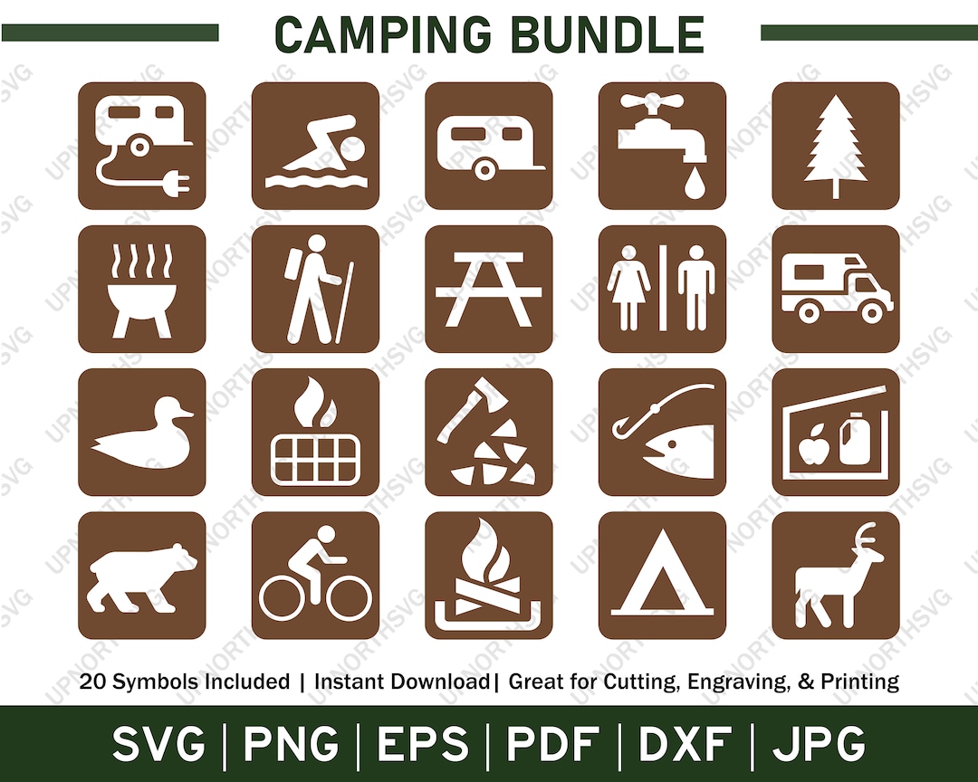Camping Symbols Brown SVG Bundle, Tent, RV, Campfire, Grill, Airstream, Outdoor Icons | National ...