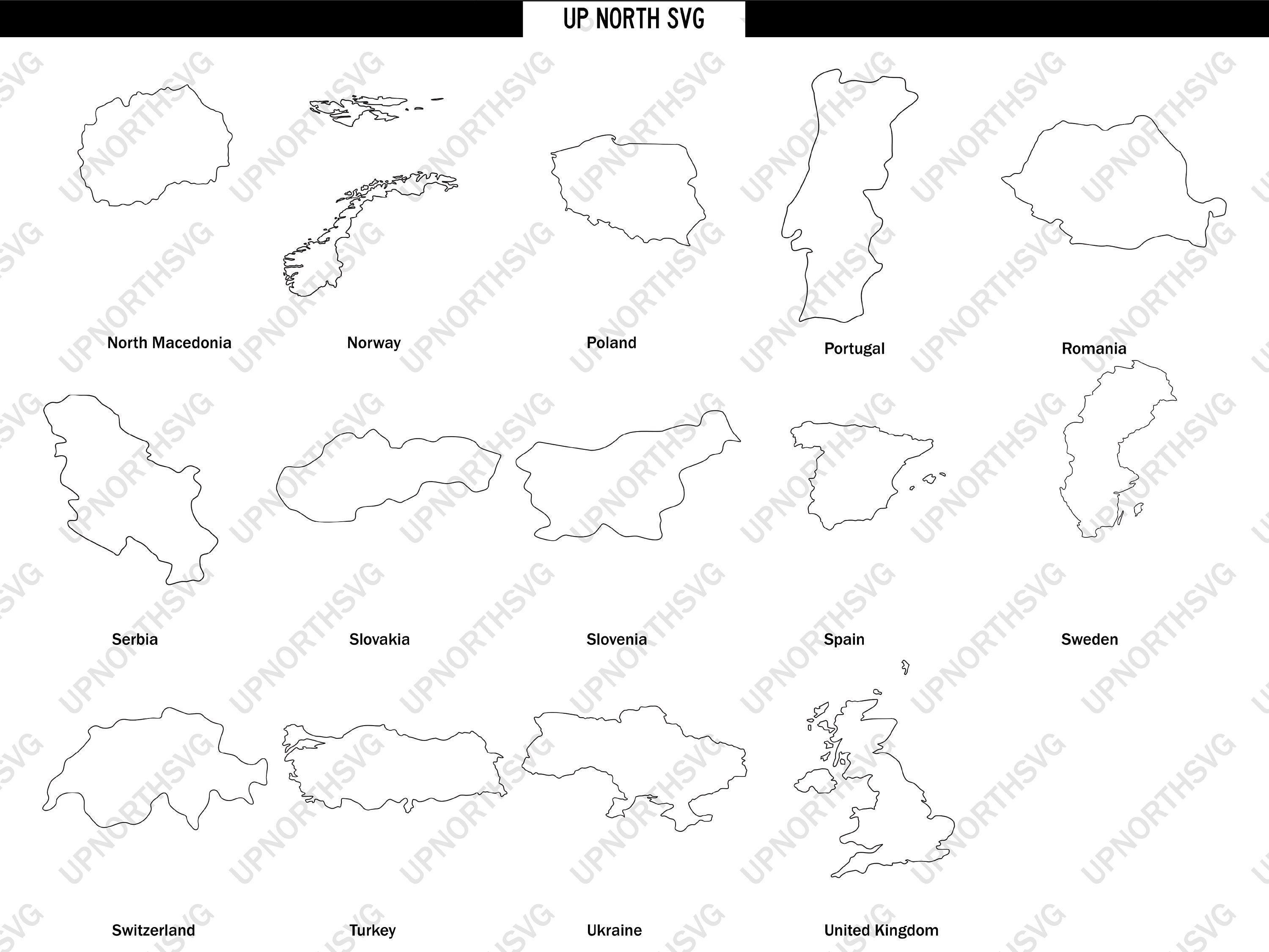 Simple European Country Outlines 44 Individual Shapes | EU Map ...