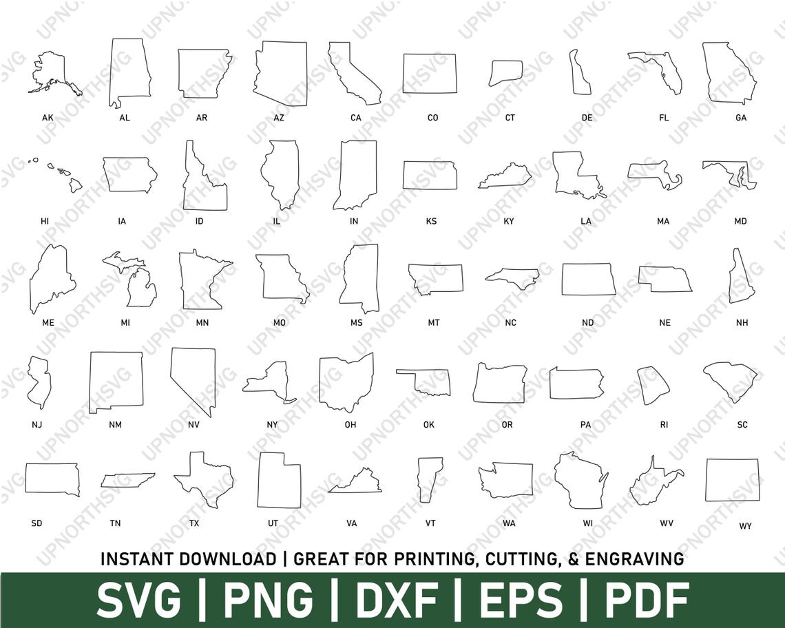 Simple State Outlines 50 Individual Shapes United States of America Map ...