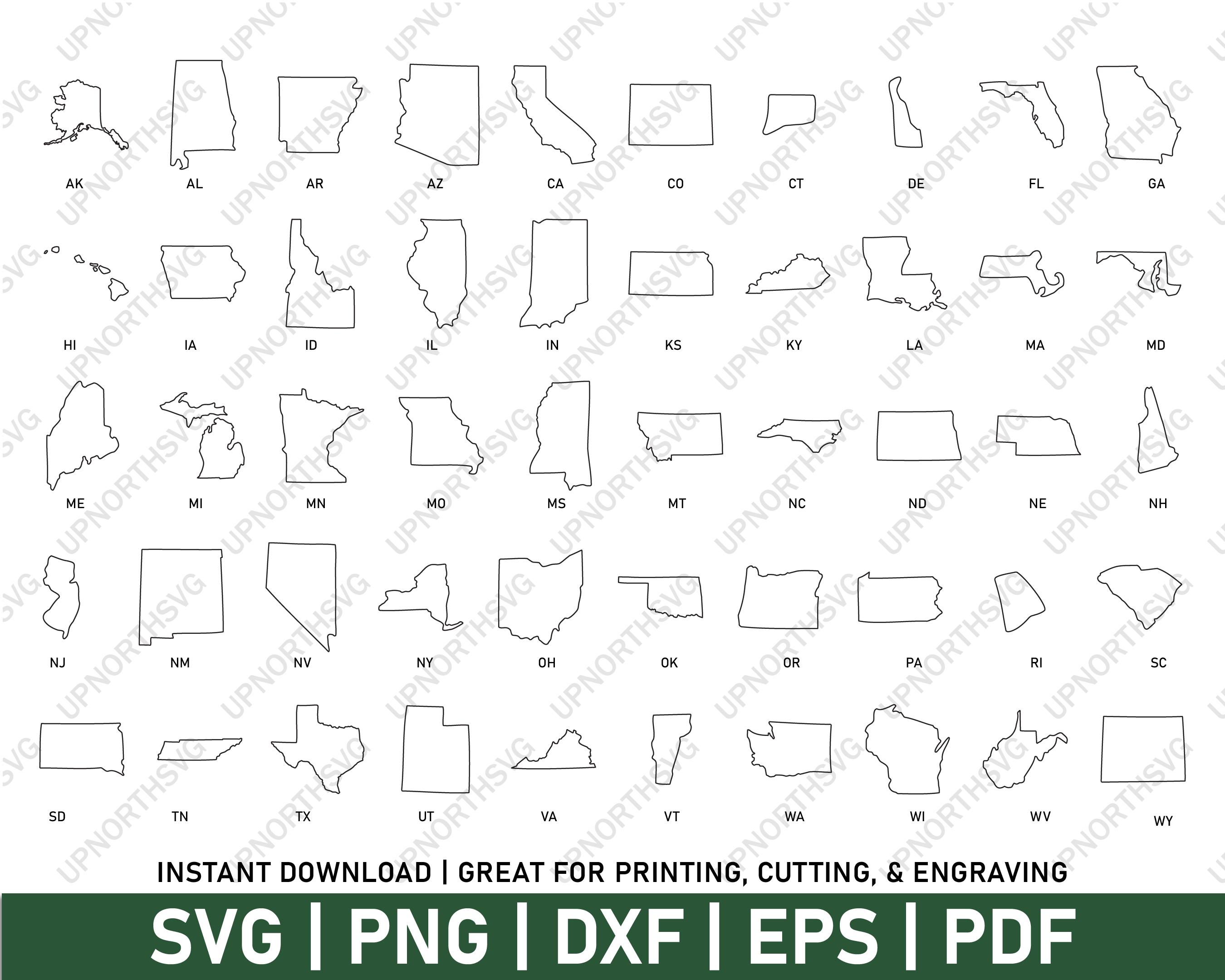 Simple State Outlines 50 Individual Shapes United States of America Map ...