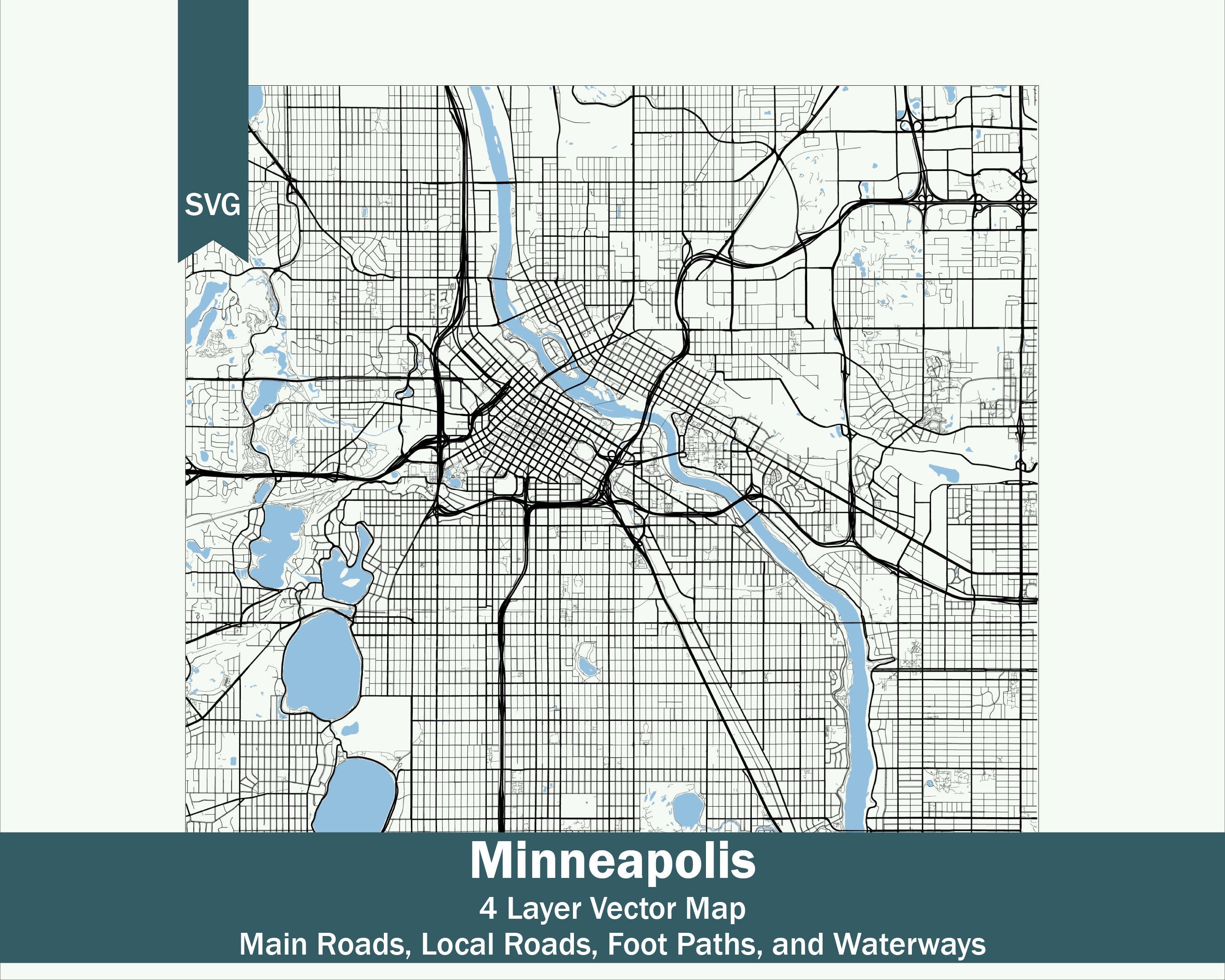 Minneapolis Roads & Water SVG Multi-layer Map | Streets Footpaths ...