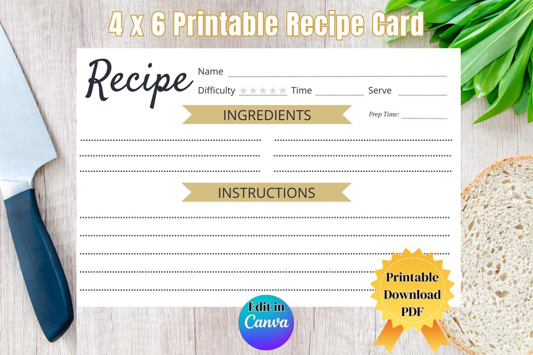 Recipe Card Simple Modern Design Fillable Recipe Card, Blank Recipe ...