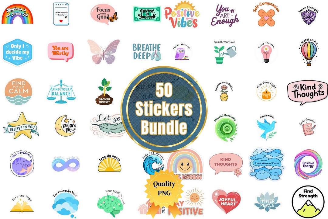 Mental Health Stickers, Positive Affirmations, Cute PNG Art (50 Pcs ...