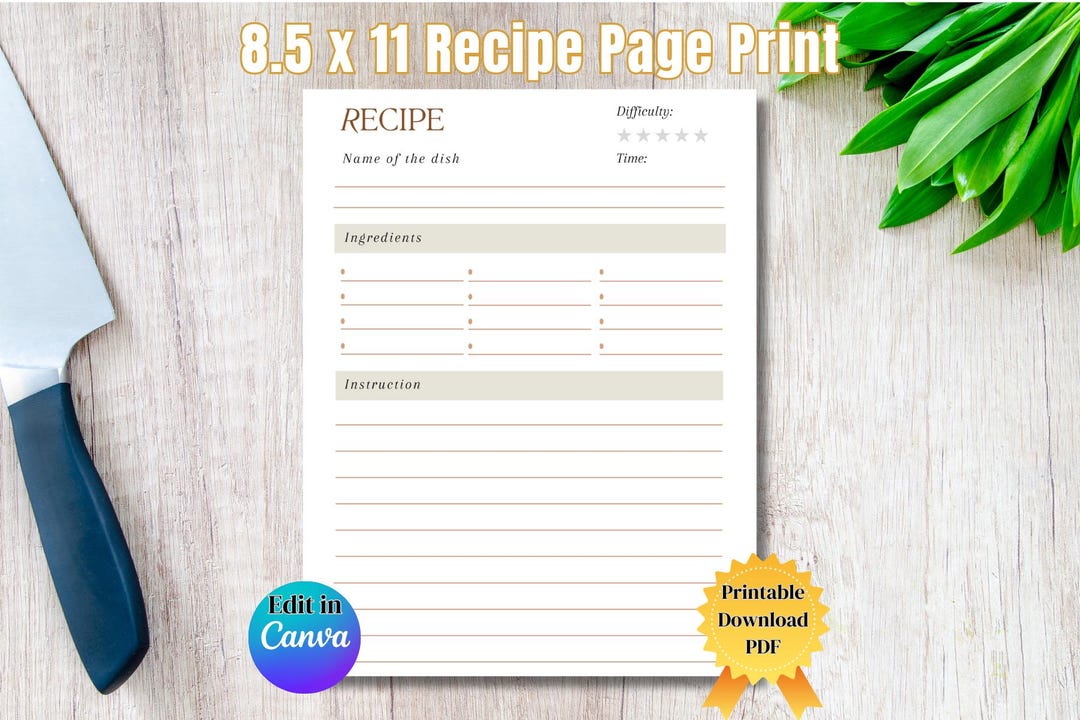 Printable Recipe Page 8.5x11 Minimalist Design, Blank Fillable Recipe ...