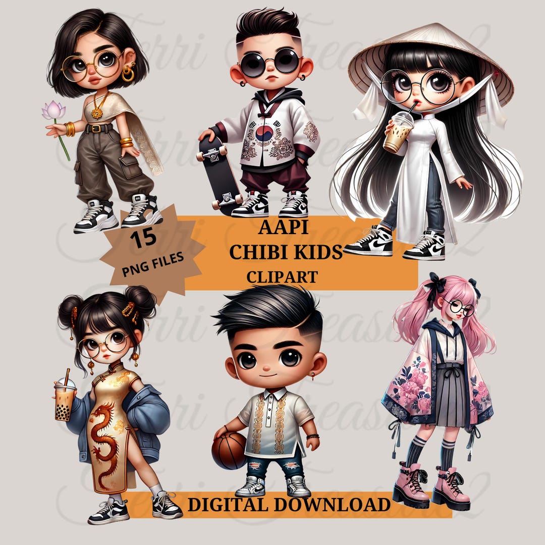 AAPI Cute Chibi Kids, Cute Kids, 15 Adorable Chibi Kids PNG, AAPI Chibi ...