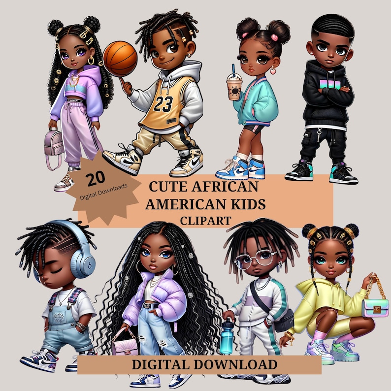 Black Cute Kids, 20 Adorable Chibi Kids PNG, Black Chibi Clipart Bundle ...