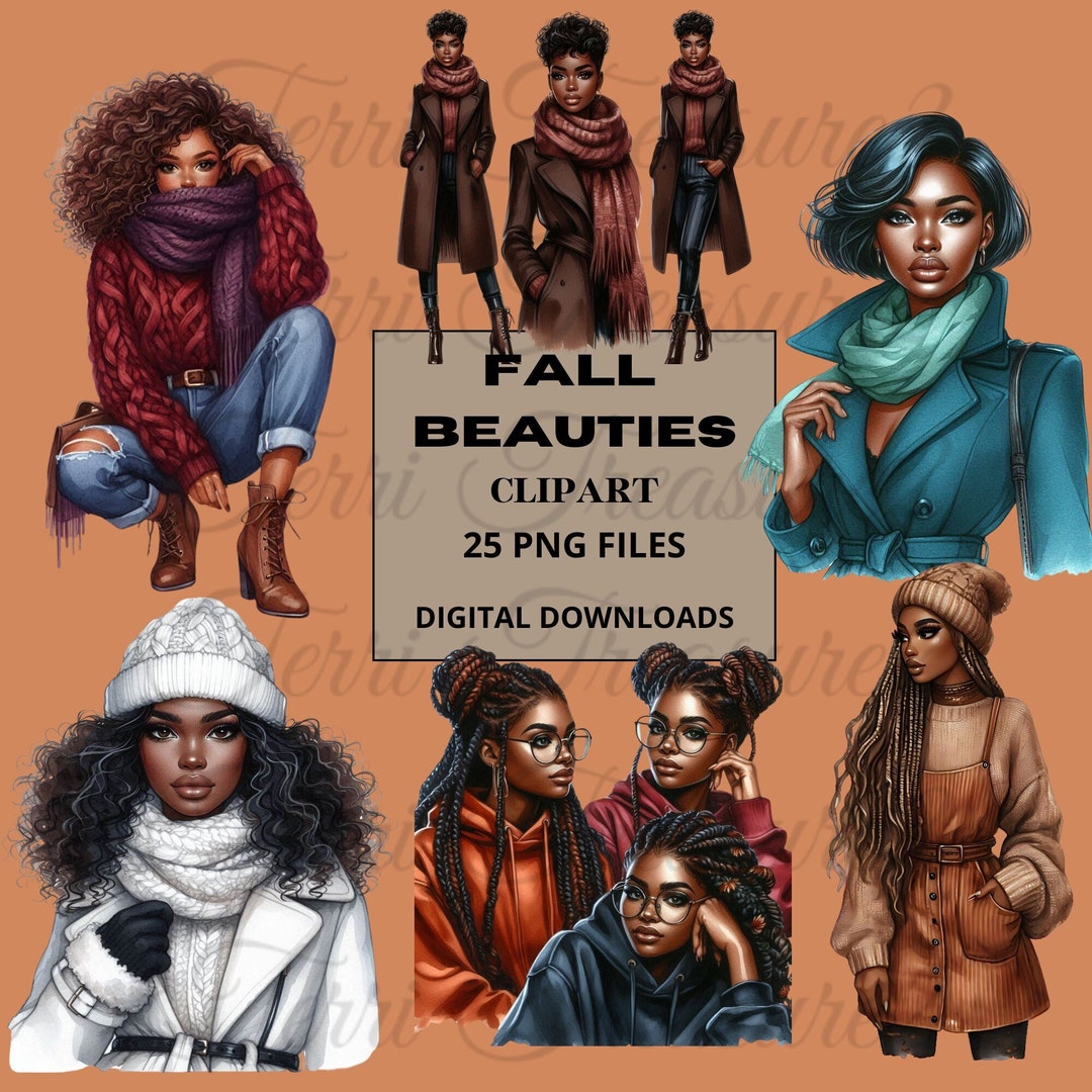 Fall Black Beauties, 25 Black Women PNG, Black Girl Clip Art, Autumn ...