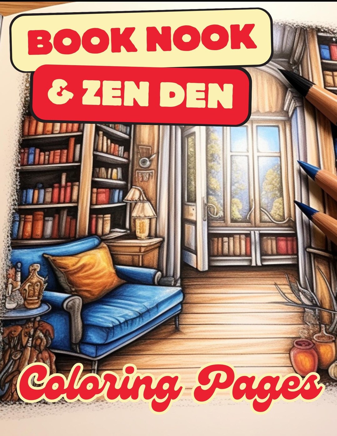 Book Nook Coloring Pages | Zen Den | Instant Download | Stress Relief ...