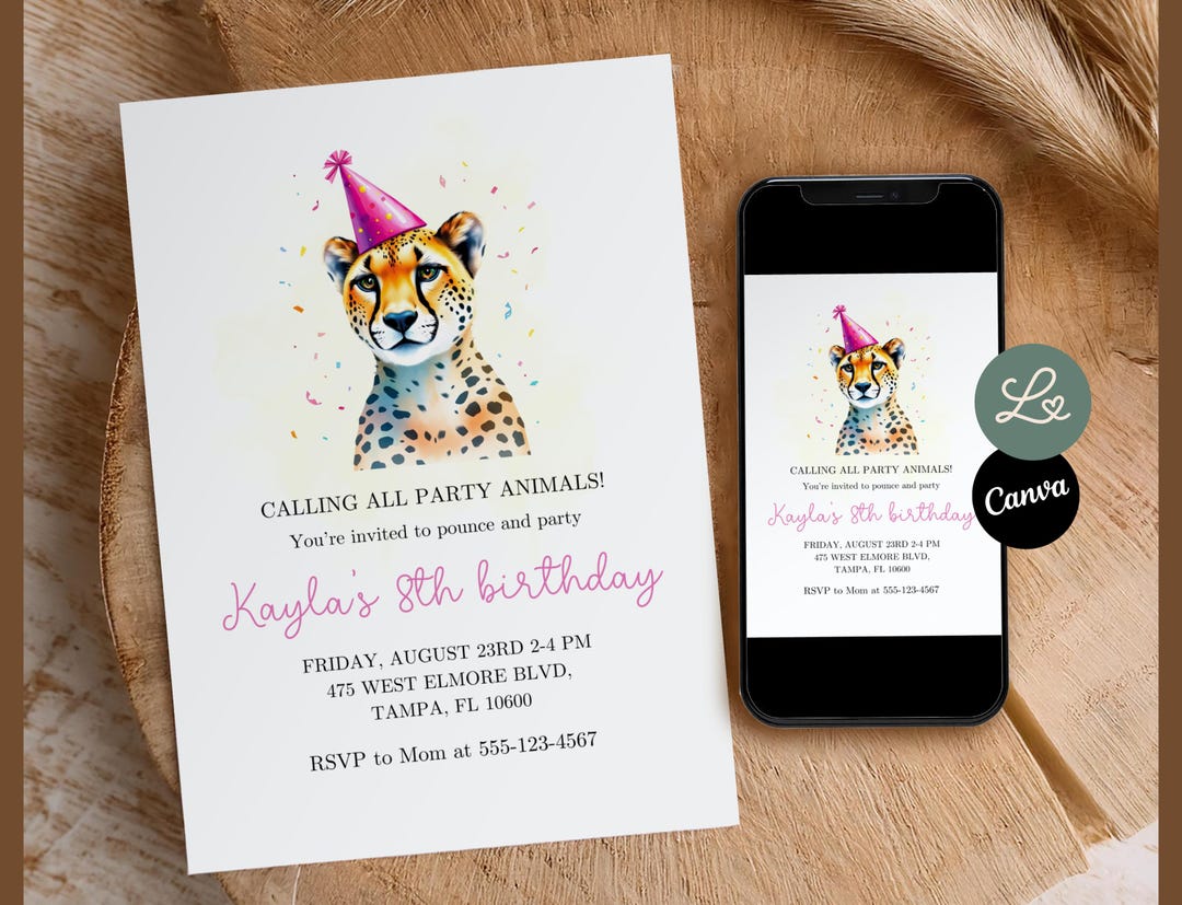 Cheetah Themed Birthday Party Invitation Girls Birthday Party Wild ...