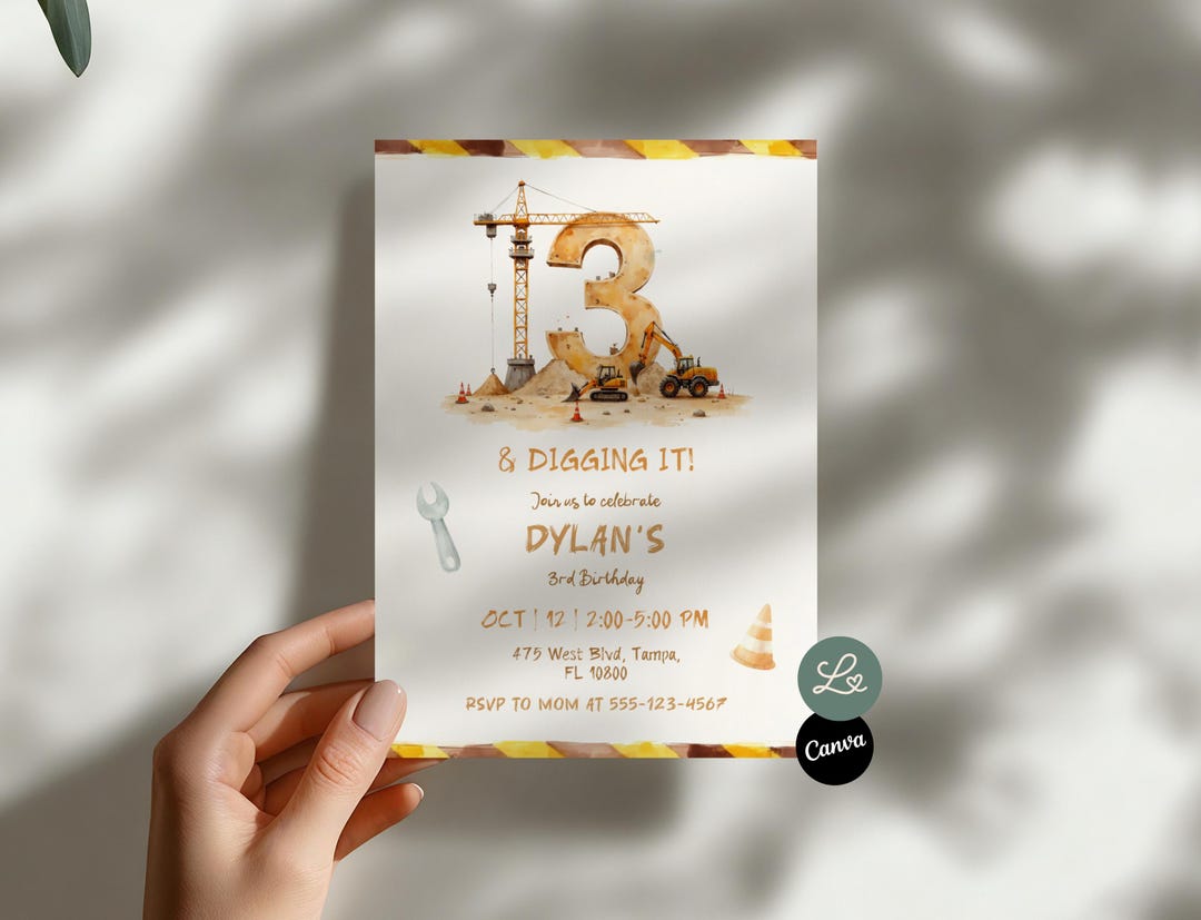 Three and Digging It Kids Birthday Invitation Construction Birthday ...