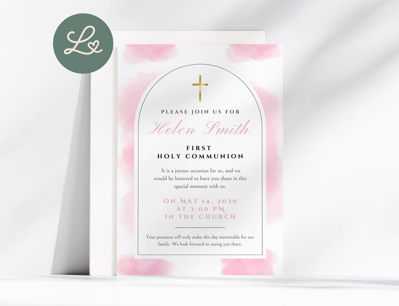 Editable Pink Girls First Communion Invitation Modern 1st Holy ...