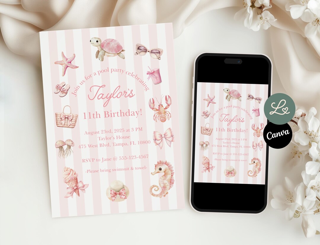 Pink Pool Party Invitation Girls Birthday Pink Beach Teen Girl Beach ...