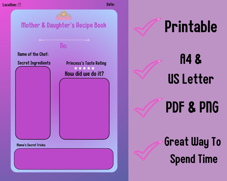 Children's Recipe Template Mother-daughter Bonding: Digital Colorful ...