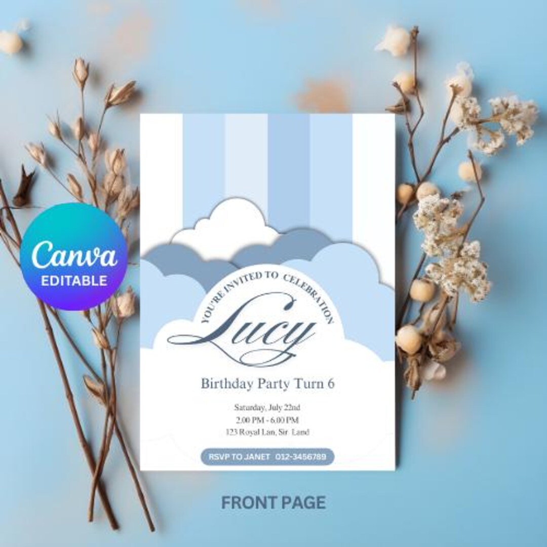 Blue Cloud Birthday Invitation Template: Editable Kids Digital Invite ...