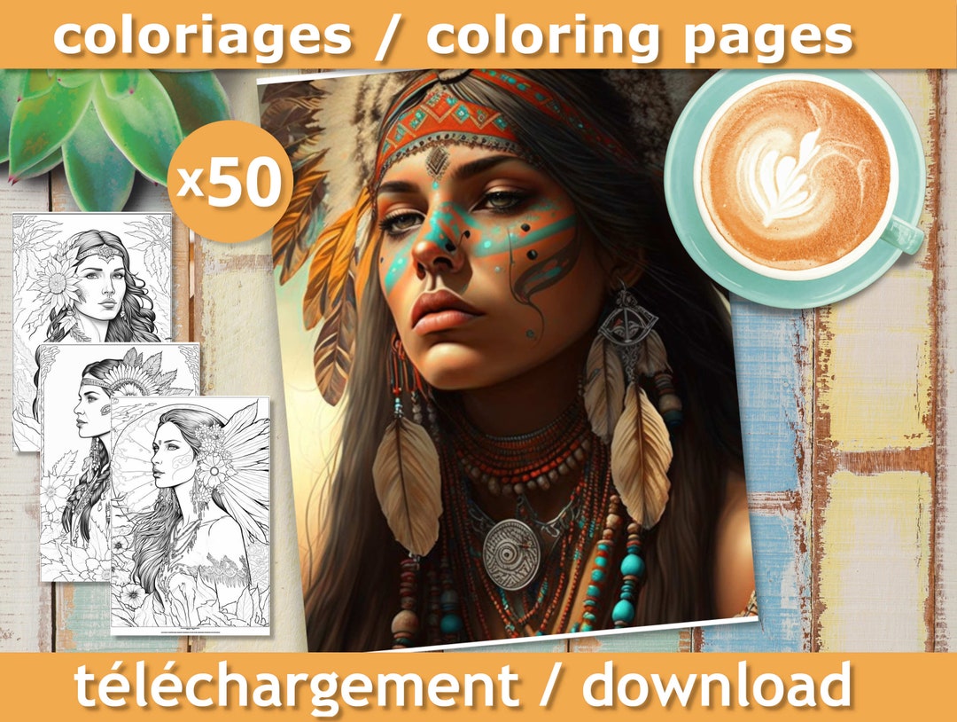 Native American Women, 50 Coloring Pages for Adults, Ethnic, Portrait ...