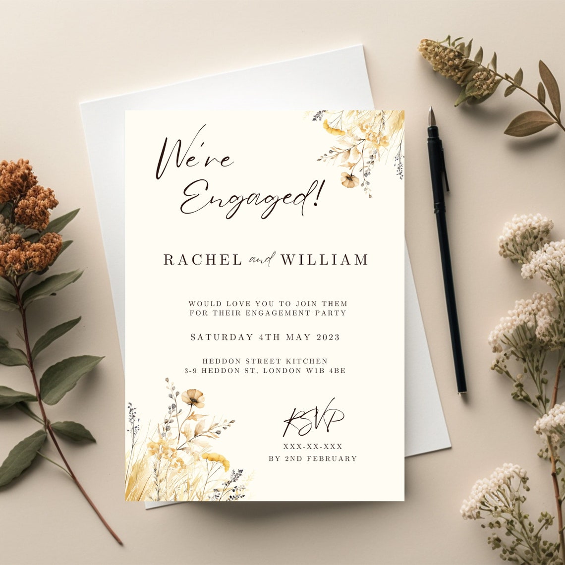 Floral Engagement Party Invitation Template, Printable Boho Dried ...