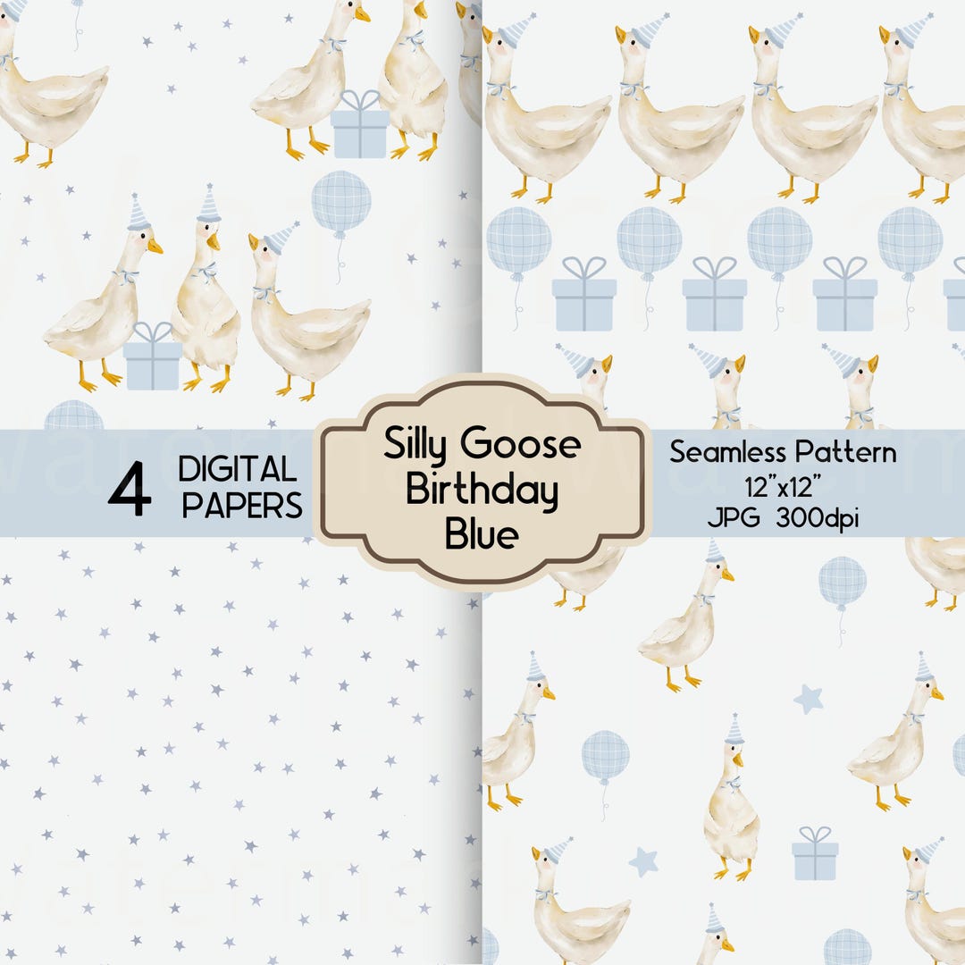 Silly Goose Seamless Pattern Digital Paper JPG, Blue Birthday Party ...